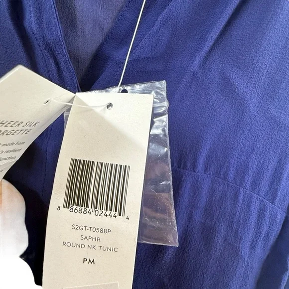 Eileen Fisher Medium Petite 100% Silk Tunic Long Top Sapphire Blue ...